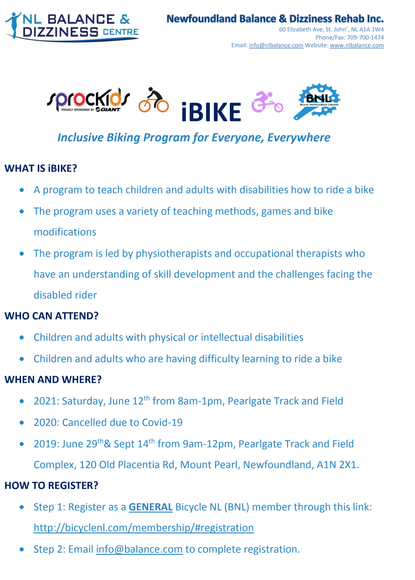 iBike Program – Saturday June, 12 – Bicycle Newfoundland and Labrador